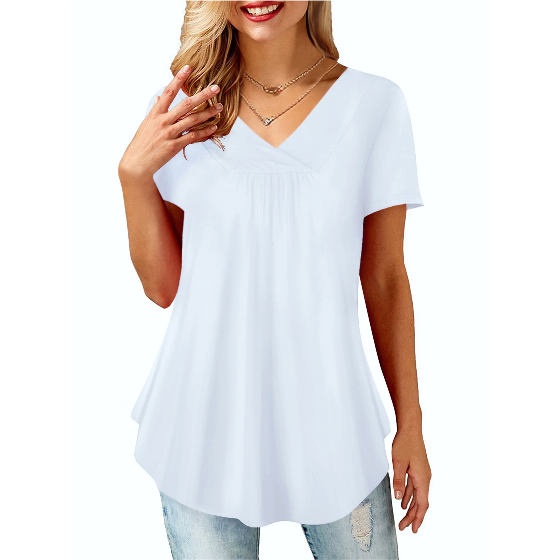 Amoretu Womens Short Sleeve Tunic Top V Neck Summer Longline Shirts ...