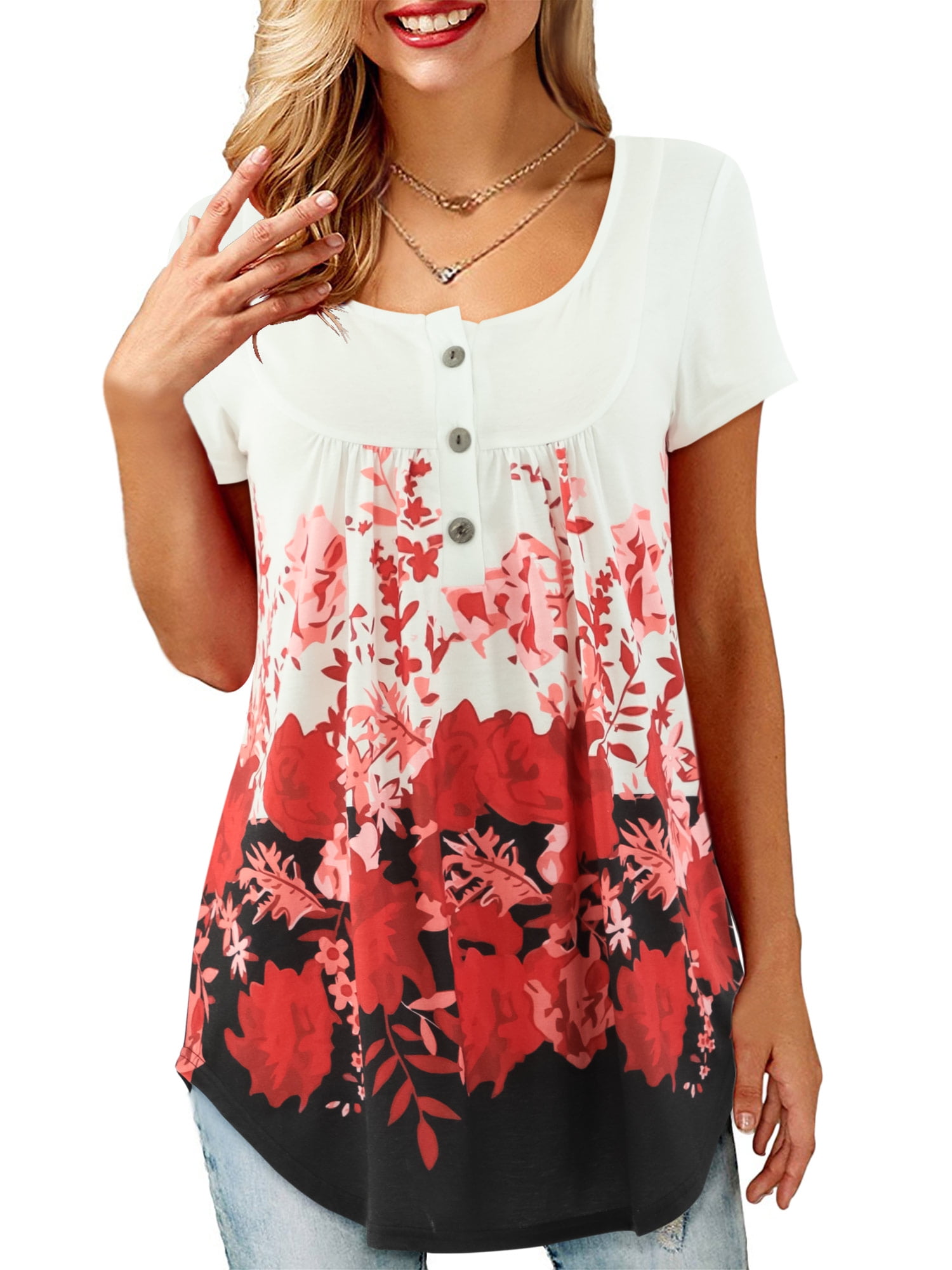 Amoretu Womens Short Sleeves Tunic Tops Floral Print V Neck Shirts ...