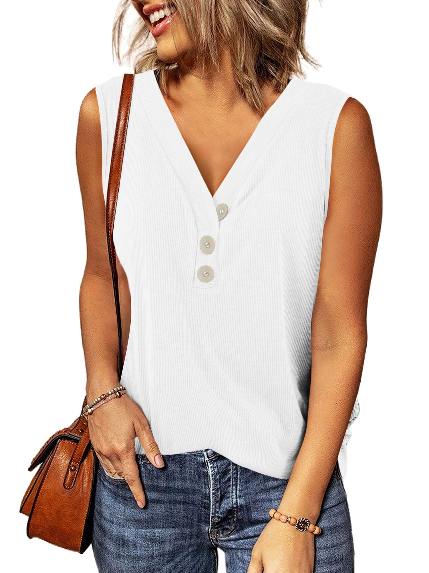 Amoretu Womens Sleeveless Shirts V Neck Sexy Summer Tee Shirts White XL ...