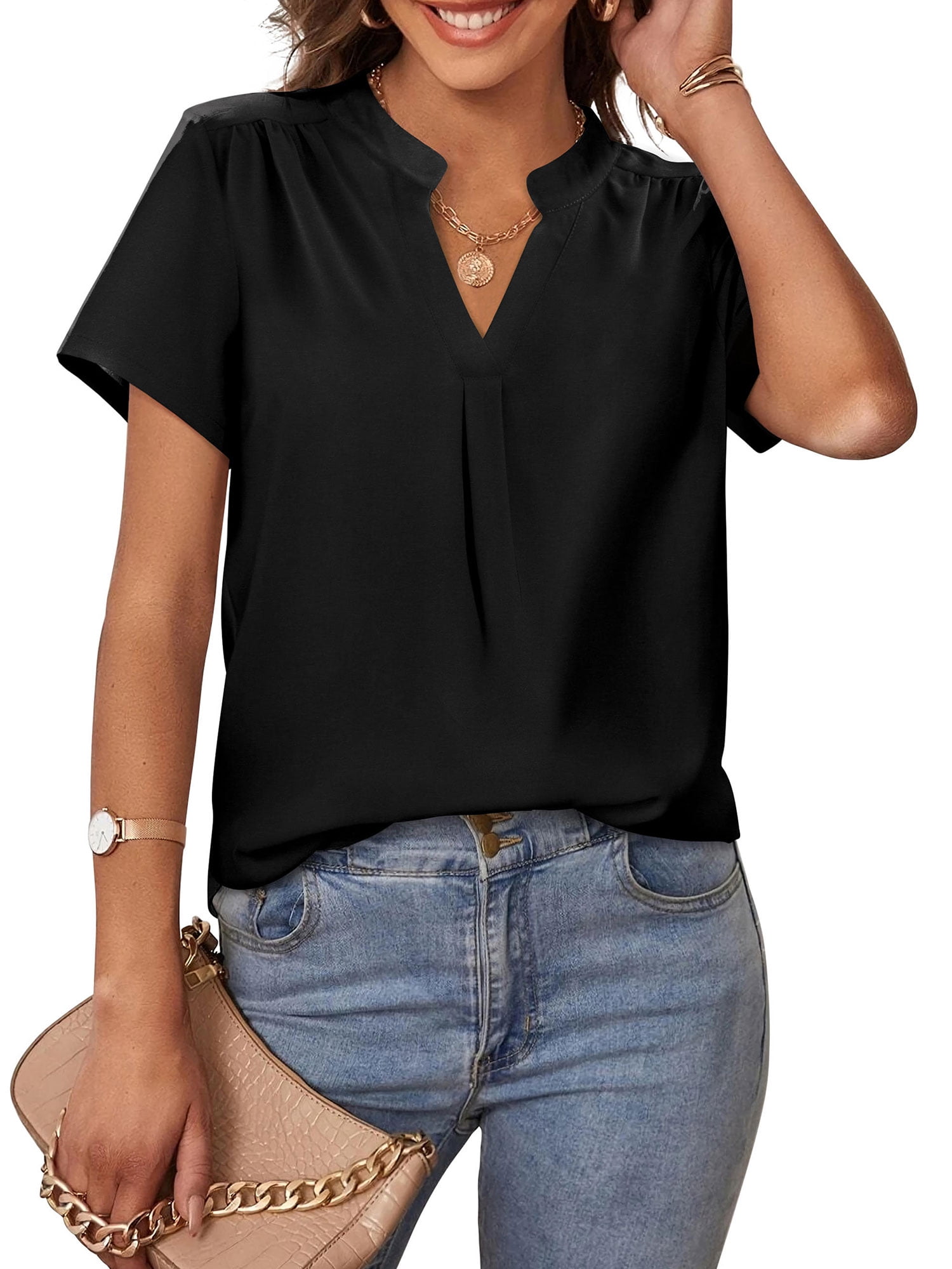 Amoretu Womens V-Neck Short Sleeve Tunic, Black Blouse XL, Lightweight ...