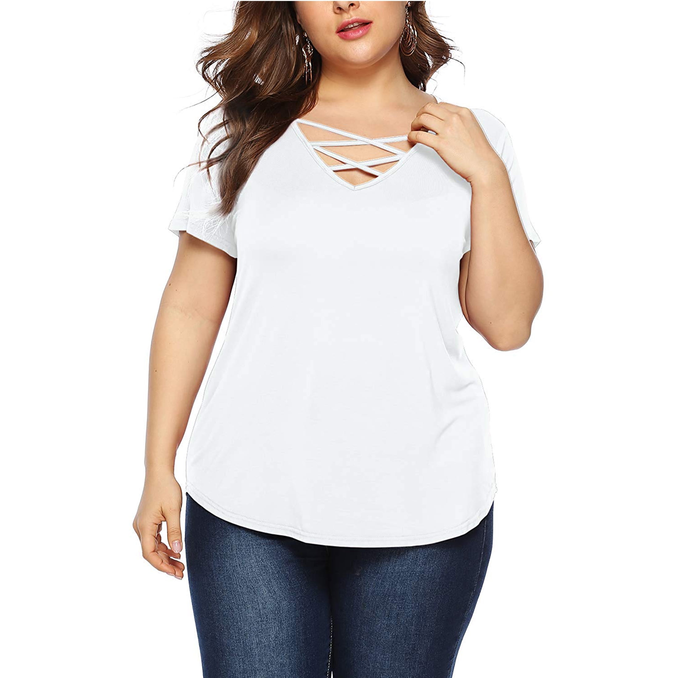 Amoretu Women's Plus Size Summer Clothing: V-Neck Cross T-Shirt, Curved ...