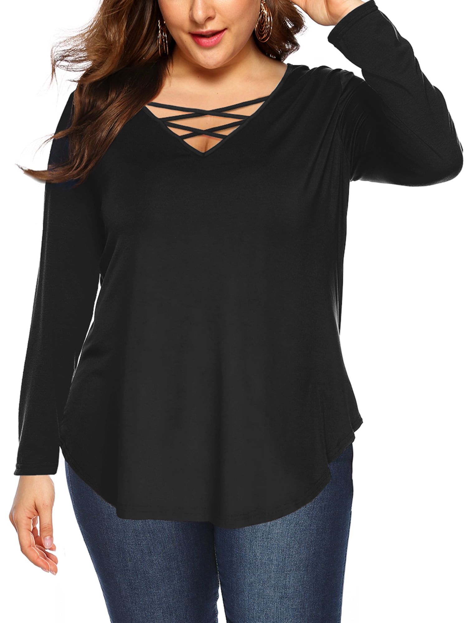 Amoretu Womens Tee Shirts Long Sleeve Criss Cross Soft Tunic Tops Black ...