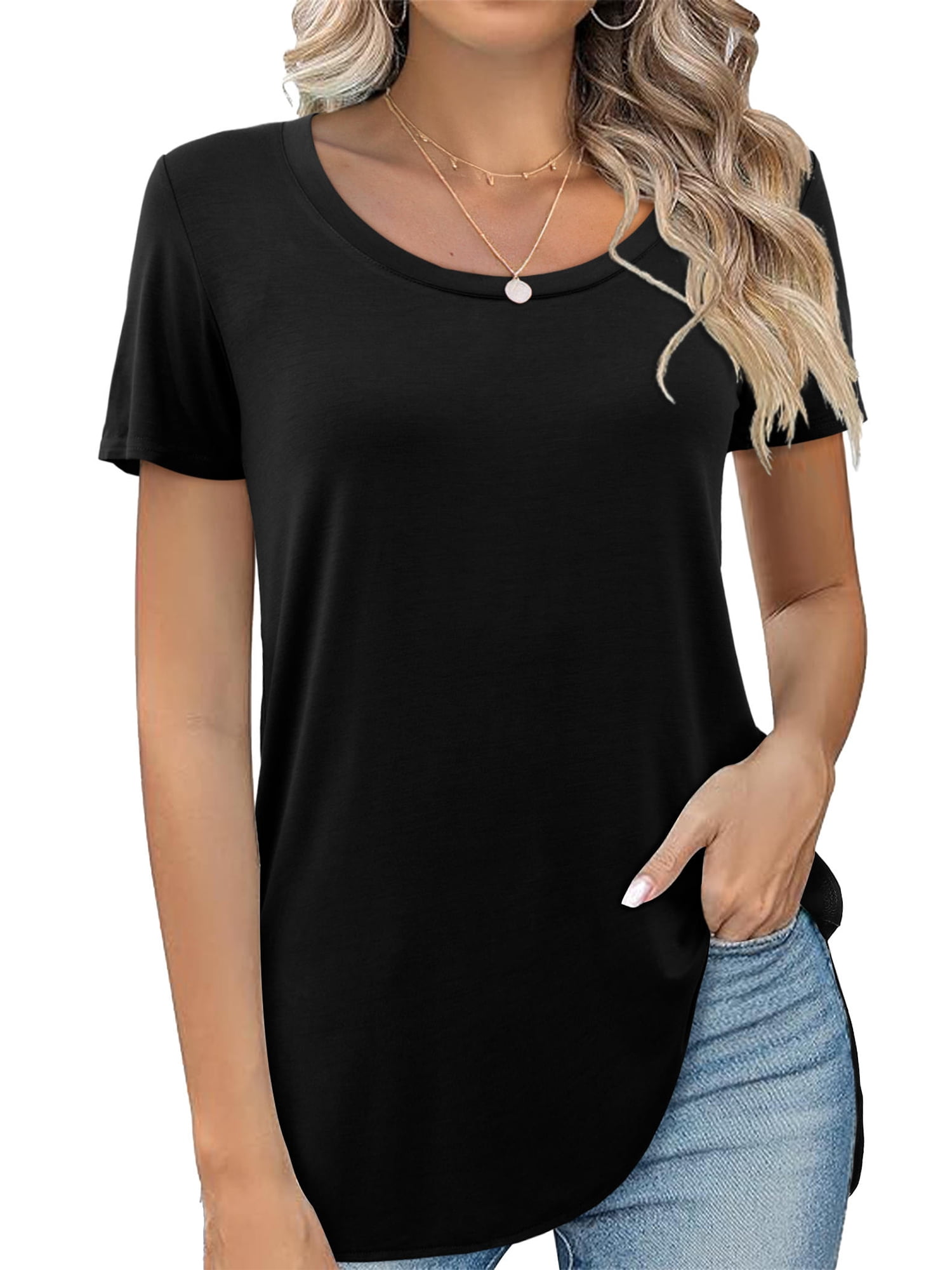 Fancyglim Womens Tees Summer Scoop Neck Longline Split T Shirts Tops ...