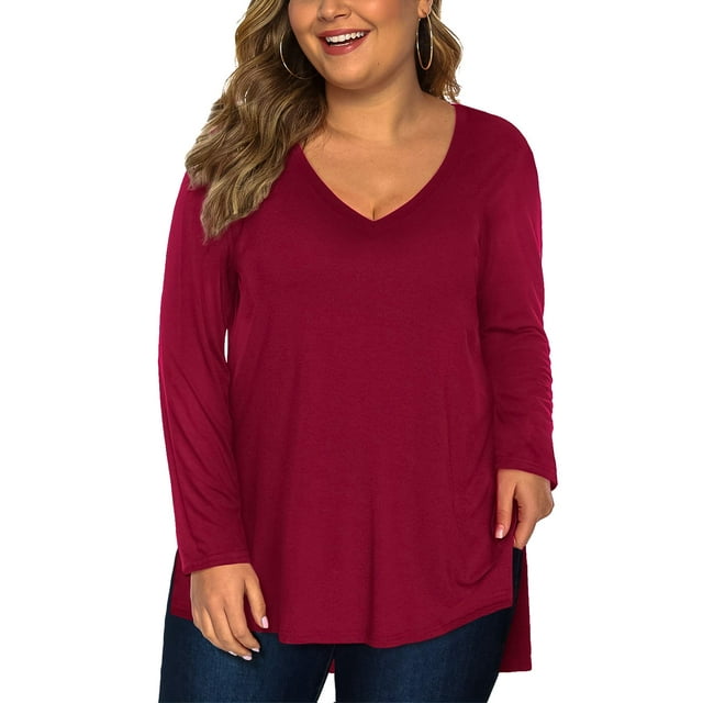 Amoretu Womens Tunic Long Sleeve V Neck T Shirts Plus Size Tee Burgundy