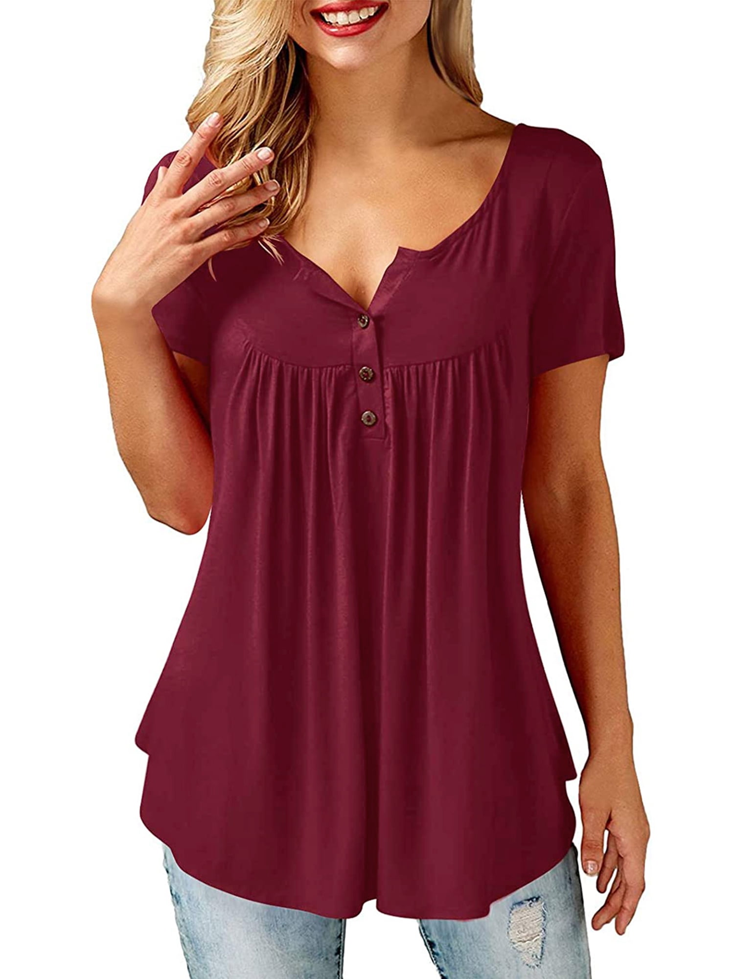 Amoretu Womens Tunic Tops Short Sleeve Henley T Shirts Solid Blouses ...