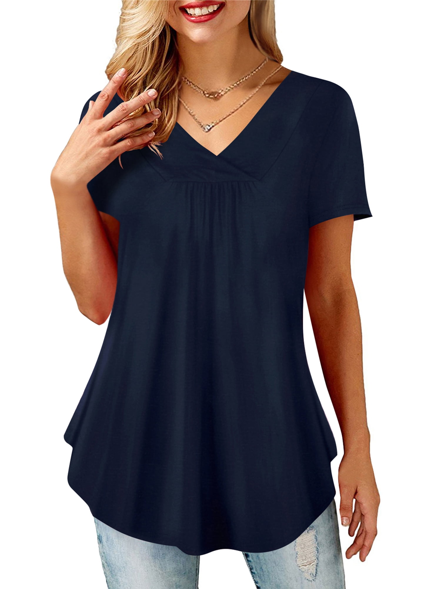 Amoretu Womens Tunic Tops Short Sleeve Vneck Summer Longline Blouse