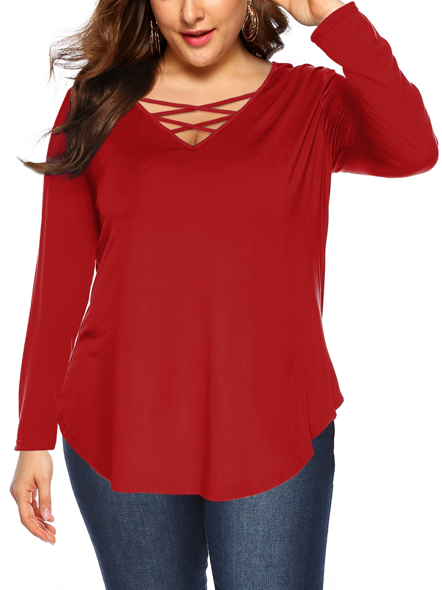 Amoretu Womens V Neck Tee Shirts Plus Size Long Sleeve Blouse Tops Red