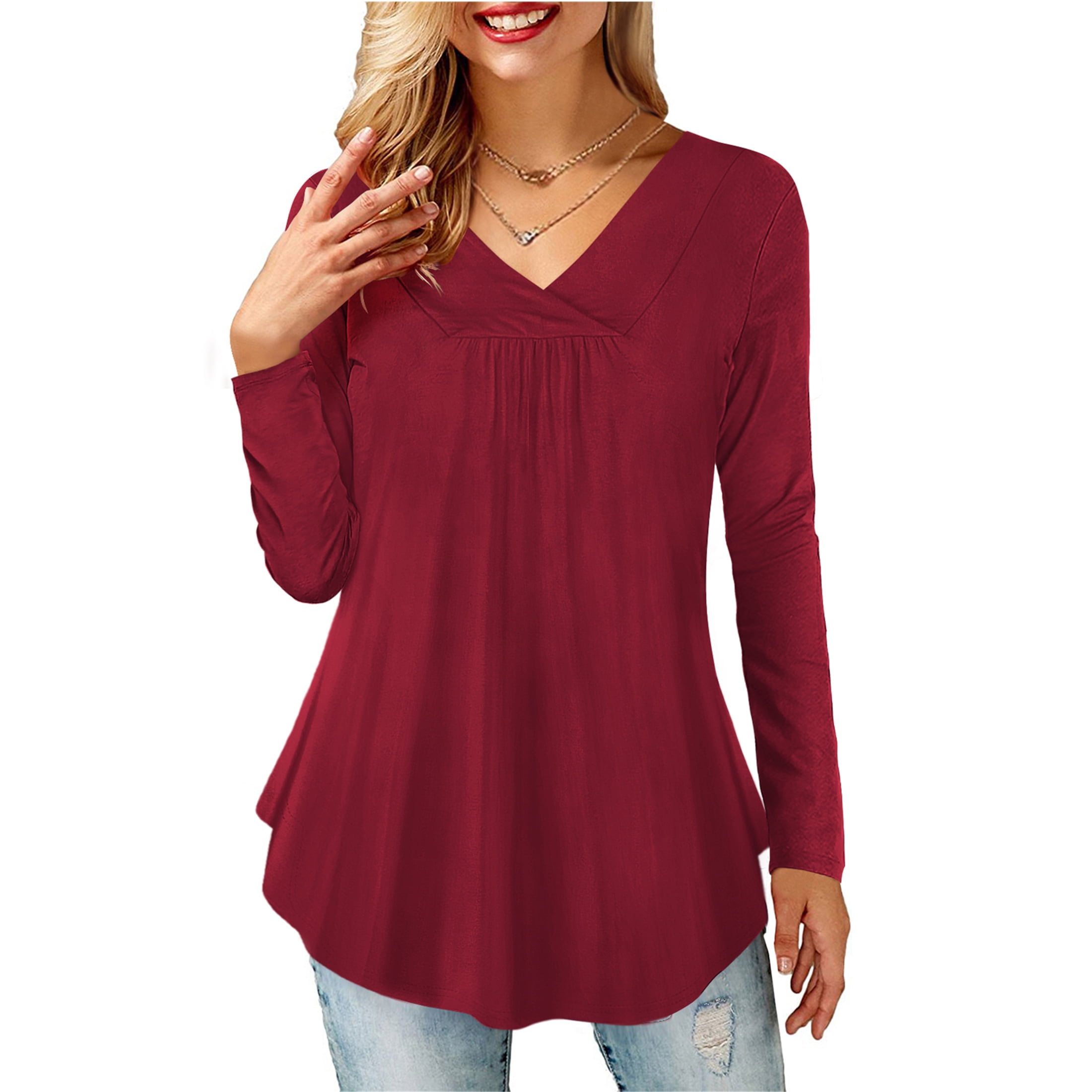 Amoretu Womens V Neck Tunic Top Casual Long Sleeve Trendy Shirts ...
