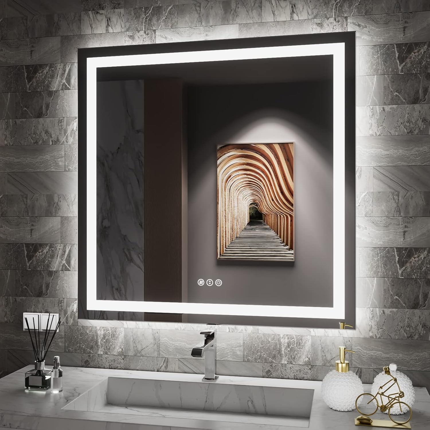 Amorho LED Bathroom Mirror 32"x 32" with Front and Backlight, Stepless ...