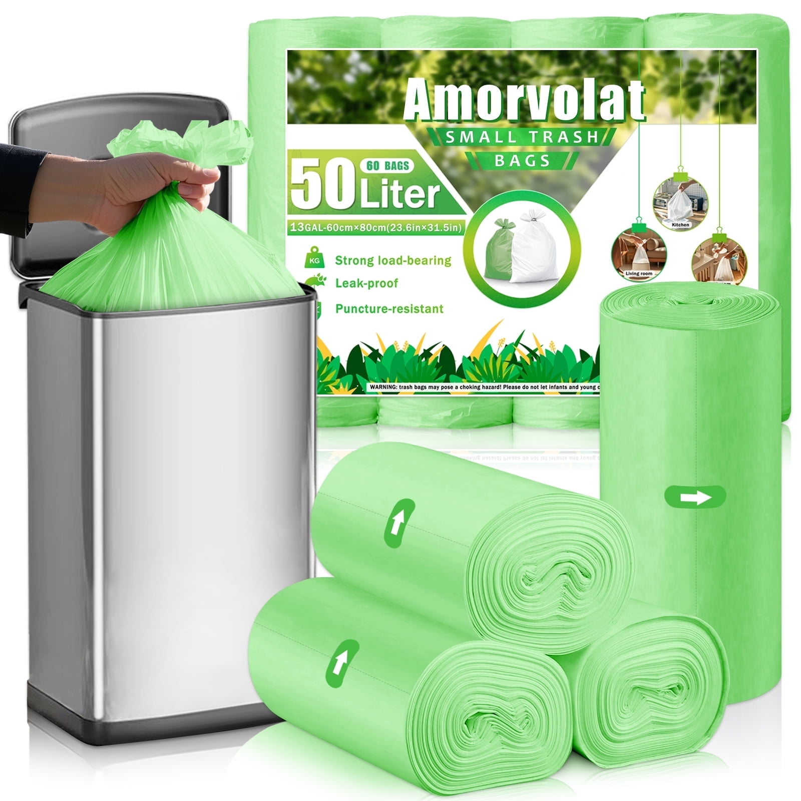 Amorvolat 13 Gallon/50L Large Trash Bags Kitchen Garbage Bags Green ...