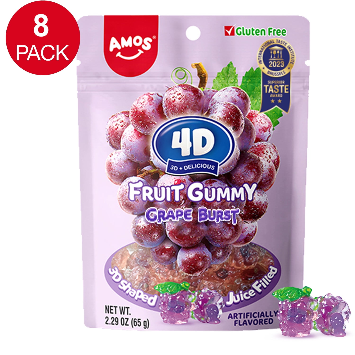 Amos 4D Fruit Gummy Grape Burst, Fruity Snacks Jelly Filled 2.29oz Per Bag (8 Bags) - Walmart.com