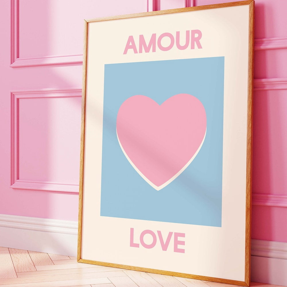 Amour Love Print, Pink And Blue Heart Wall Art, Cute Trendy Wall Art NO ...