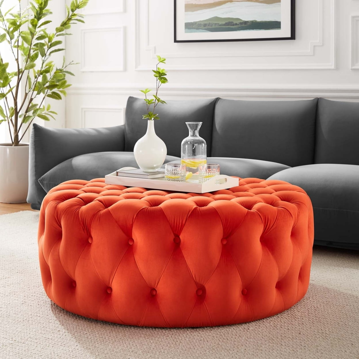 Amour Upholstered Large Round Ottoman for Living Room with Glamorous ...