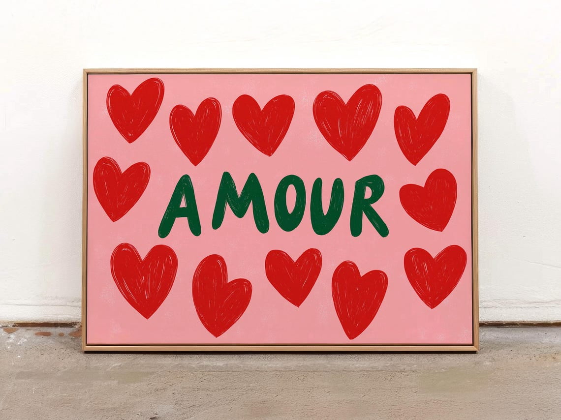 Amour Typography Red Heart Pattern Romantic Love French Word Poster ...