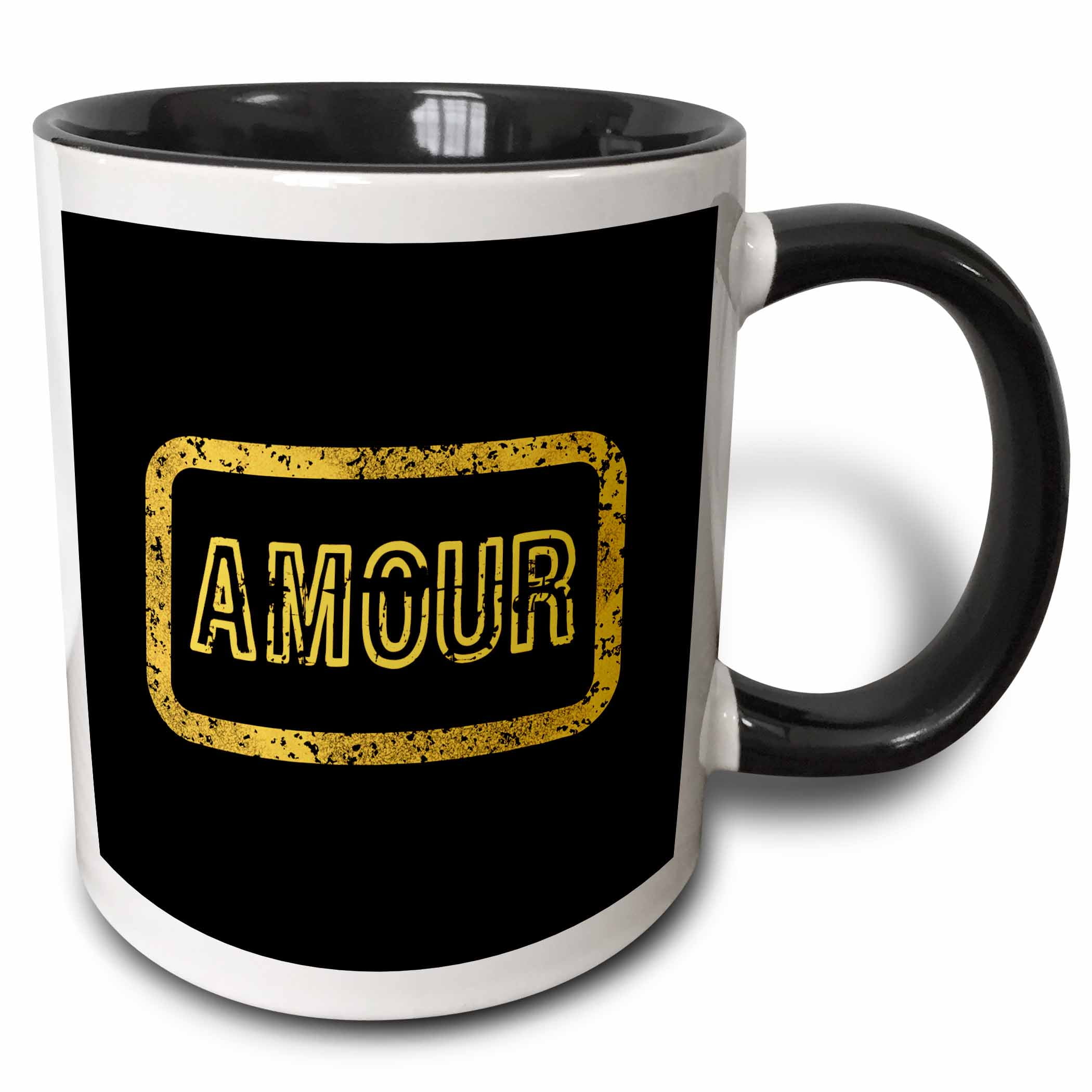Amour ink stamp styled text inside a frame. Yellow on black gift 15oz ...