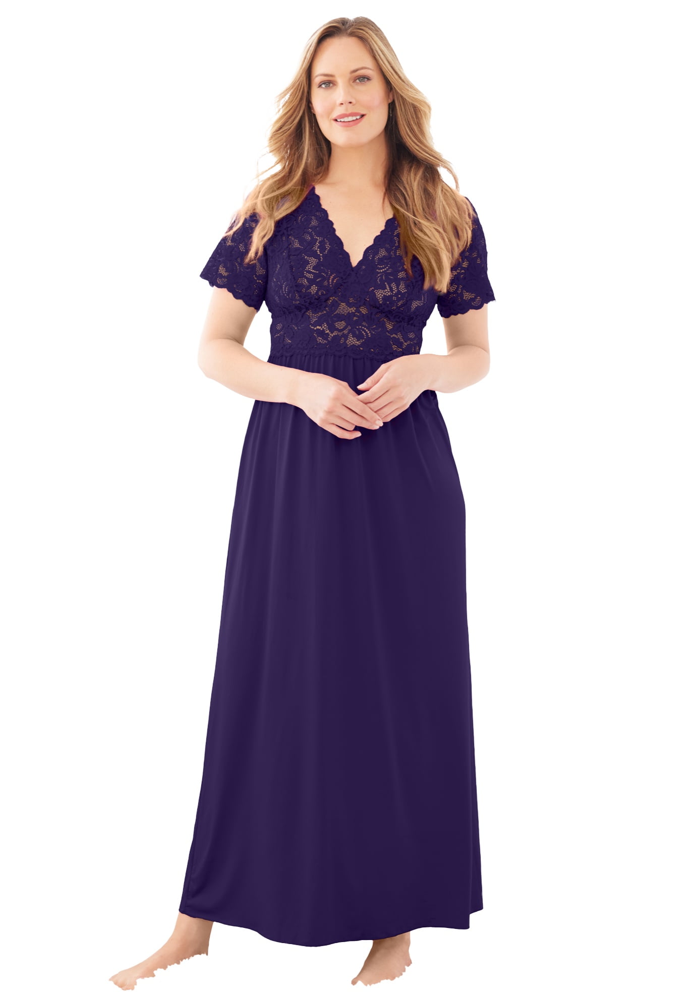Amoureuse Plus Size Long Lace Top Stretch Knit Gown - Walmart.com