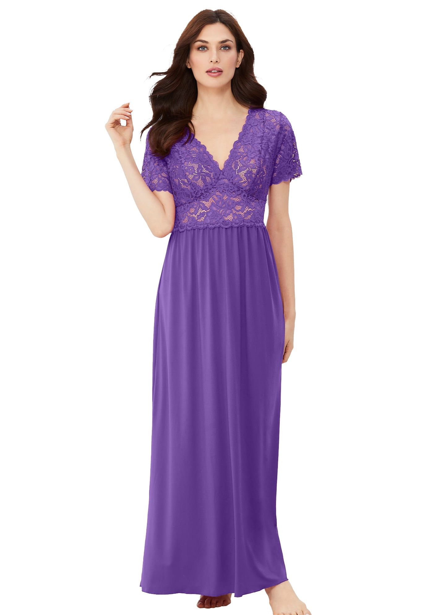 Amoureuse Women's Plus Size Long Lace Top Stretch Knit Gown - Walmart.com