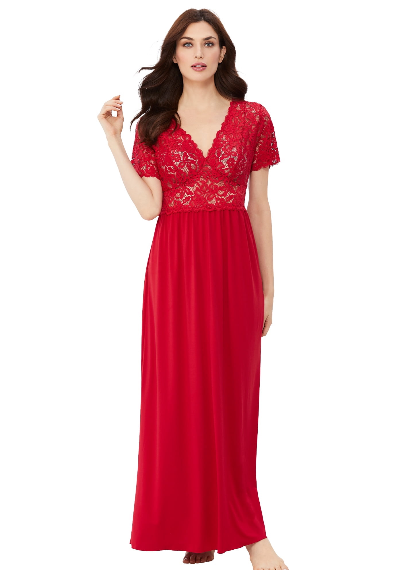 Amoureuse Plus Size Long Lace Top Stretch Knit Gown - Walmart.com