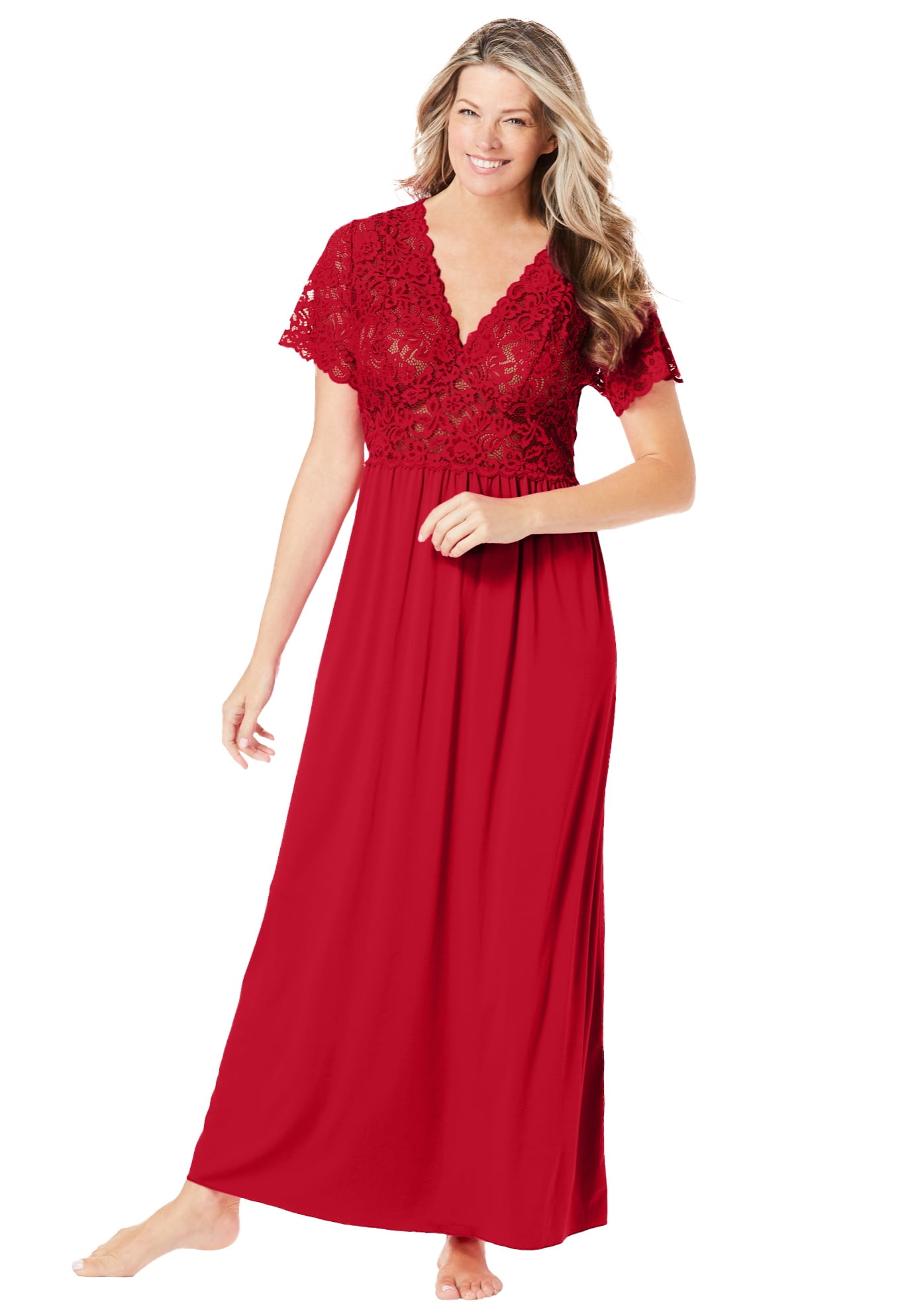 Amoureuse Plus Size Long Lace Top Stretch Knit Gown - Walmart.com