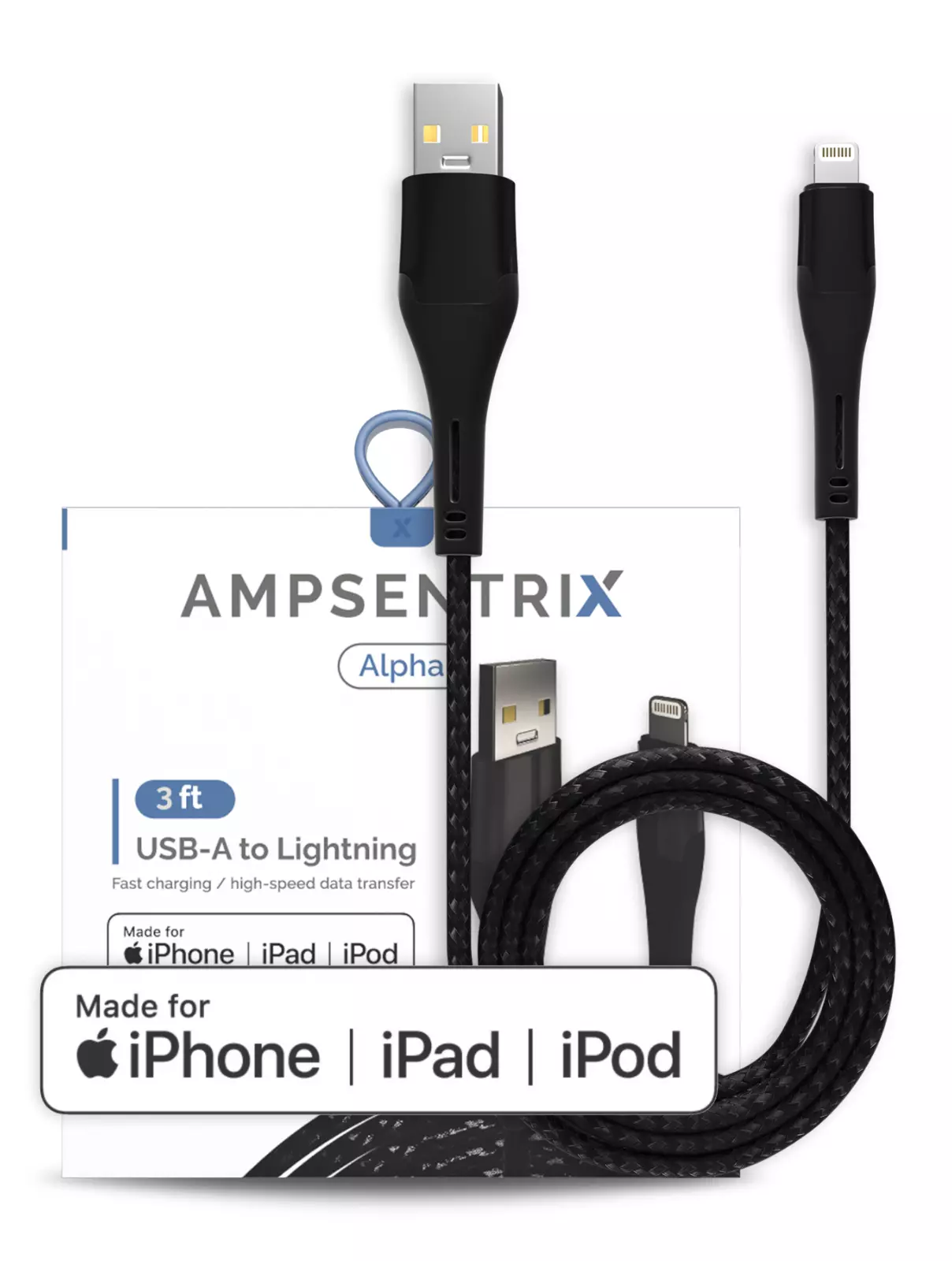 AmpSentrix - 3 Ft MFI Lighting To USB Type A Cable (Alpha) (Black ...