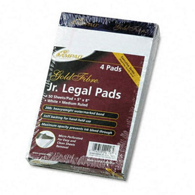 Ampad Gold Fibre Ruled Pads Jr. Legal Rule 5 x 8 White Four 50-Sheet ...