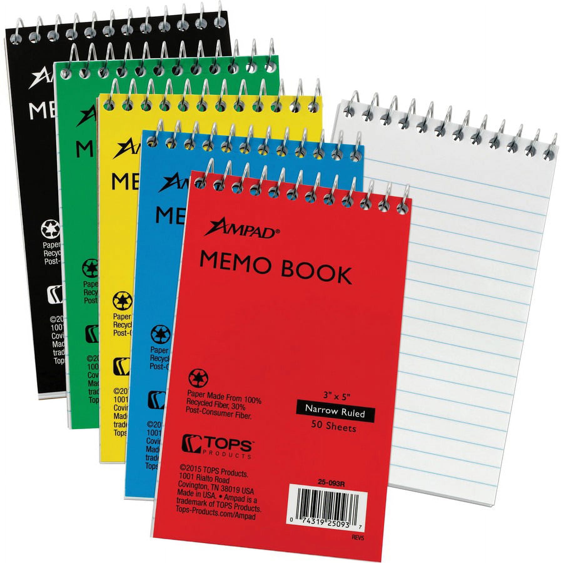Ampad Memo Book 50 Sheets Wire Bound 3" x 5" White Paper Assorted Cover ...