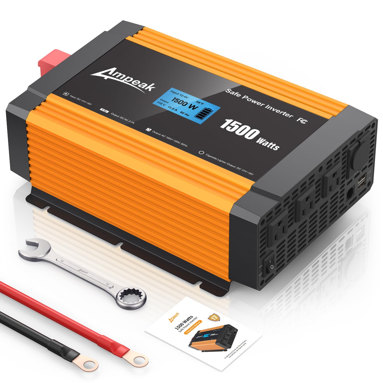 Ampeak 12V 1500-Watt Continuous Power Inverter with Dual USB Port for ...