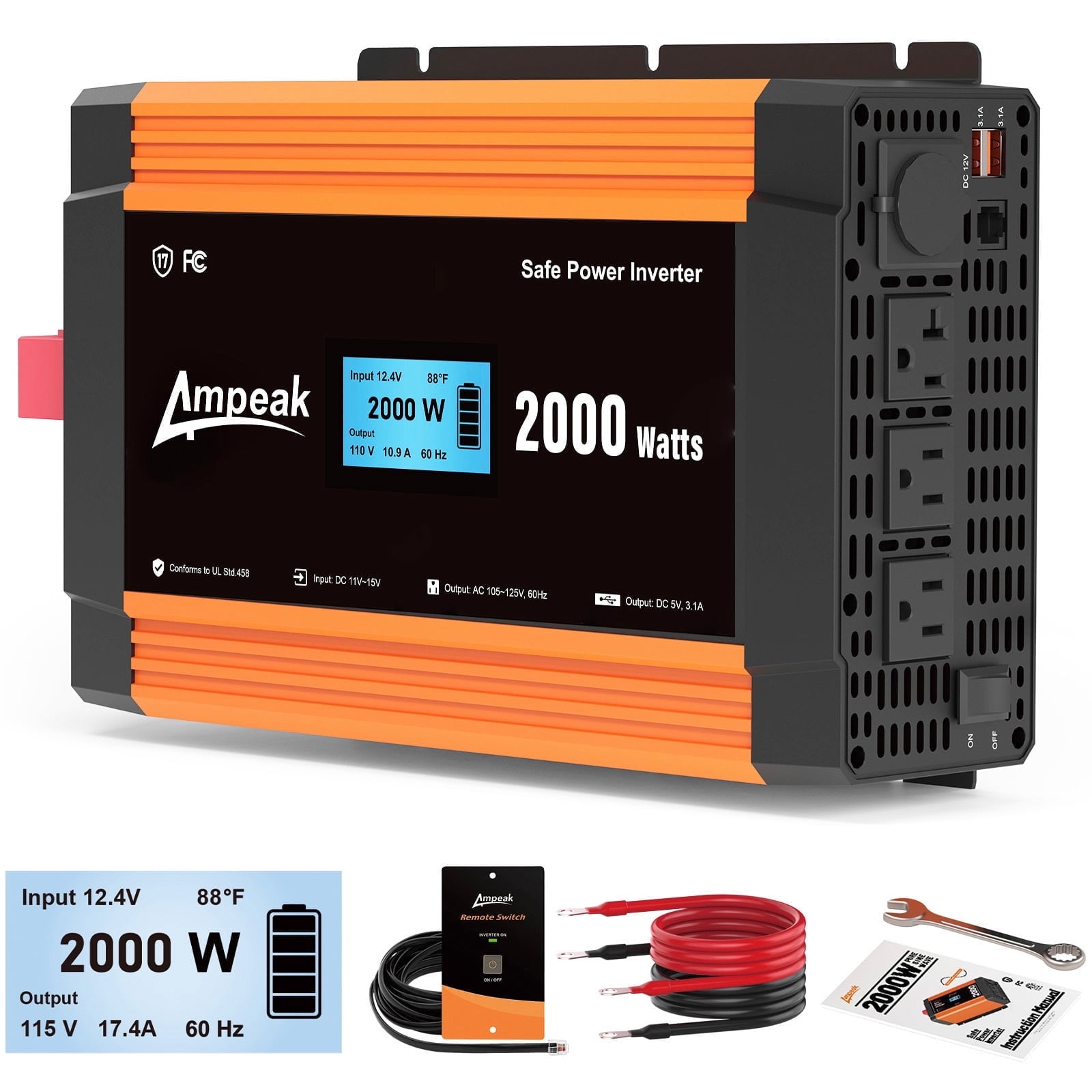 Ampeak 2000 Watt Power Inverter with Remote Control, 3 AC Outlets and ...