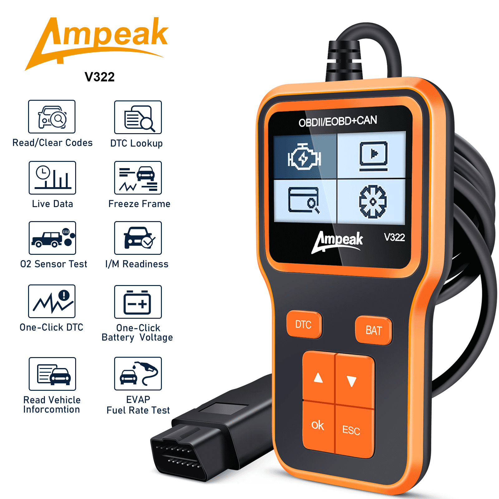 Ampeak OBD2 Scanner, CAN Diagnostic Scan Tool, Check Engine Code Reader ...