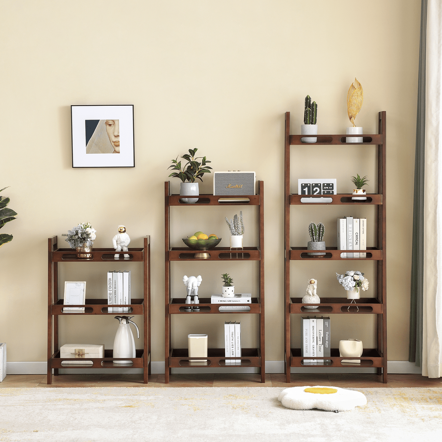 AmpelioDécor Solid Wood Shelving Unit, Walnut, 4-Tier Storage Shelf ...