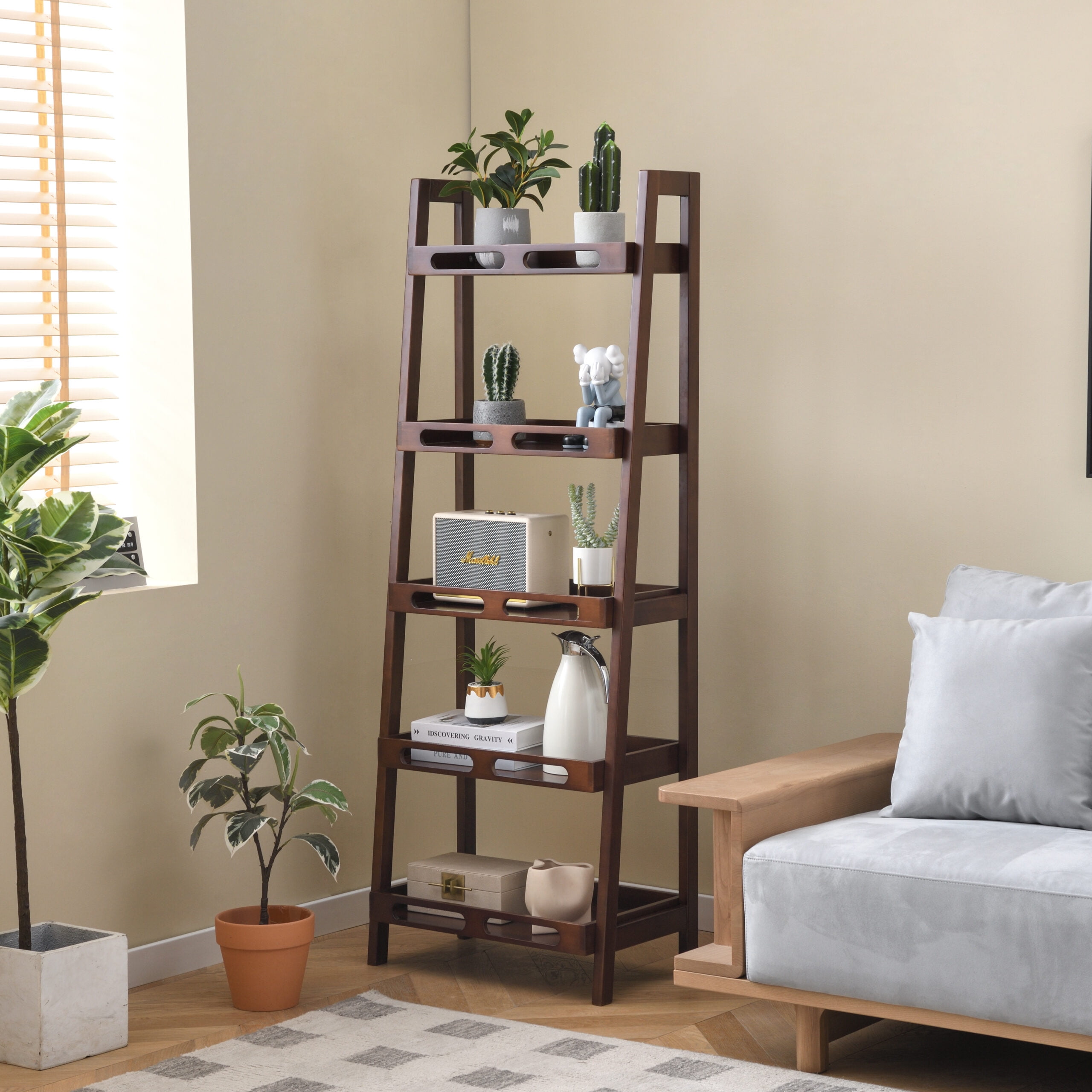 Ampelio Solid Wood Open Display Shelf for Home, Walnut, 24"x15"x66 ...