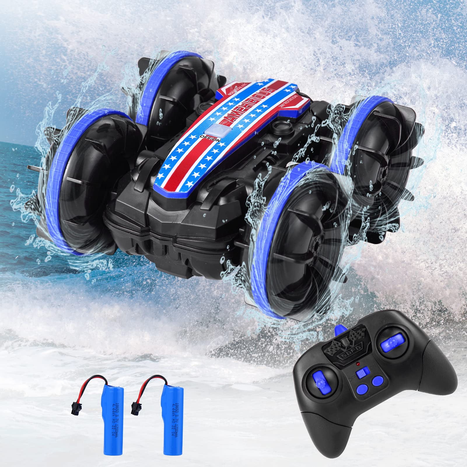 Amphibious Remote Control Car, 2.4 Ghz Rotating 360°IPX7 Waterproof 4WD Stunt Vehicle Gift for ...
