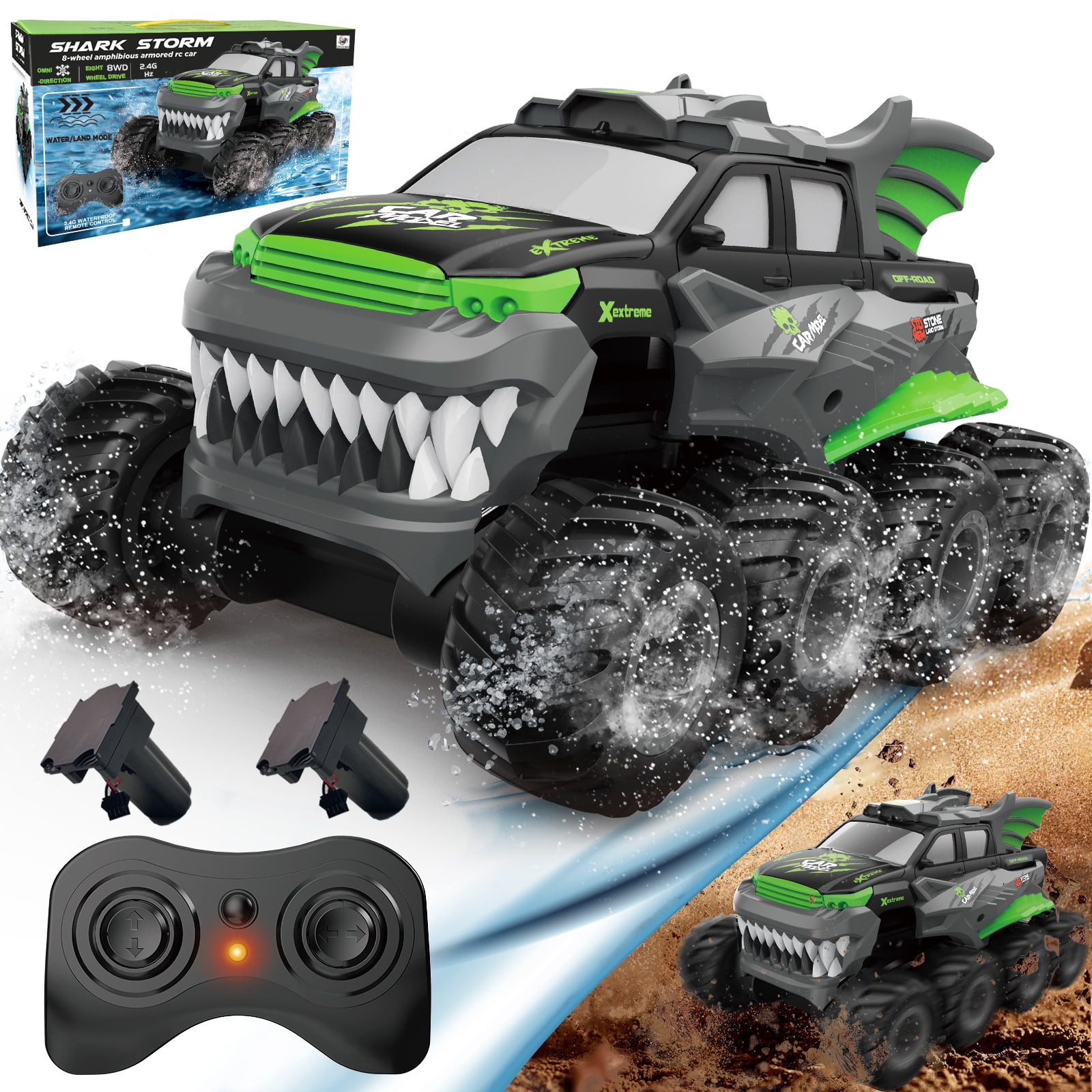 Amphibious Remote Control Car 8WD RC Monster Truck with 2 Rechargeable ...