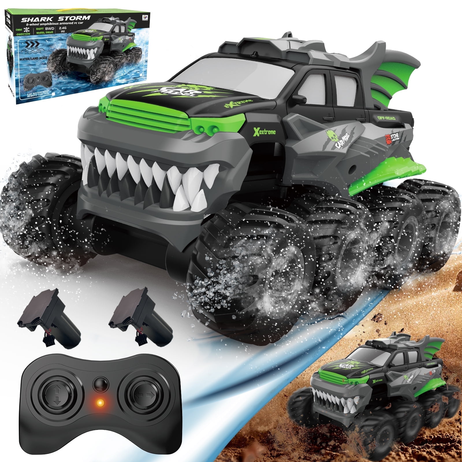 Amphibious Remote Control Car 8WD RC Monster Truck with 2 Rechargeable ...