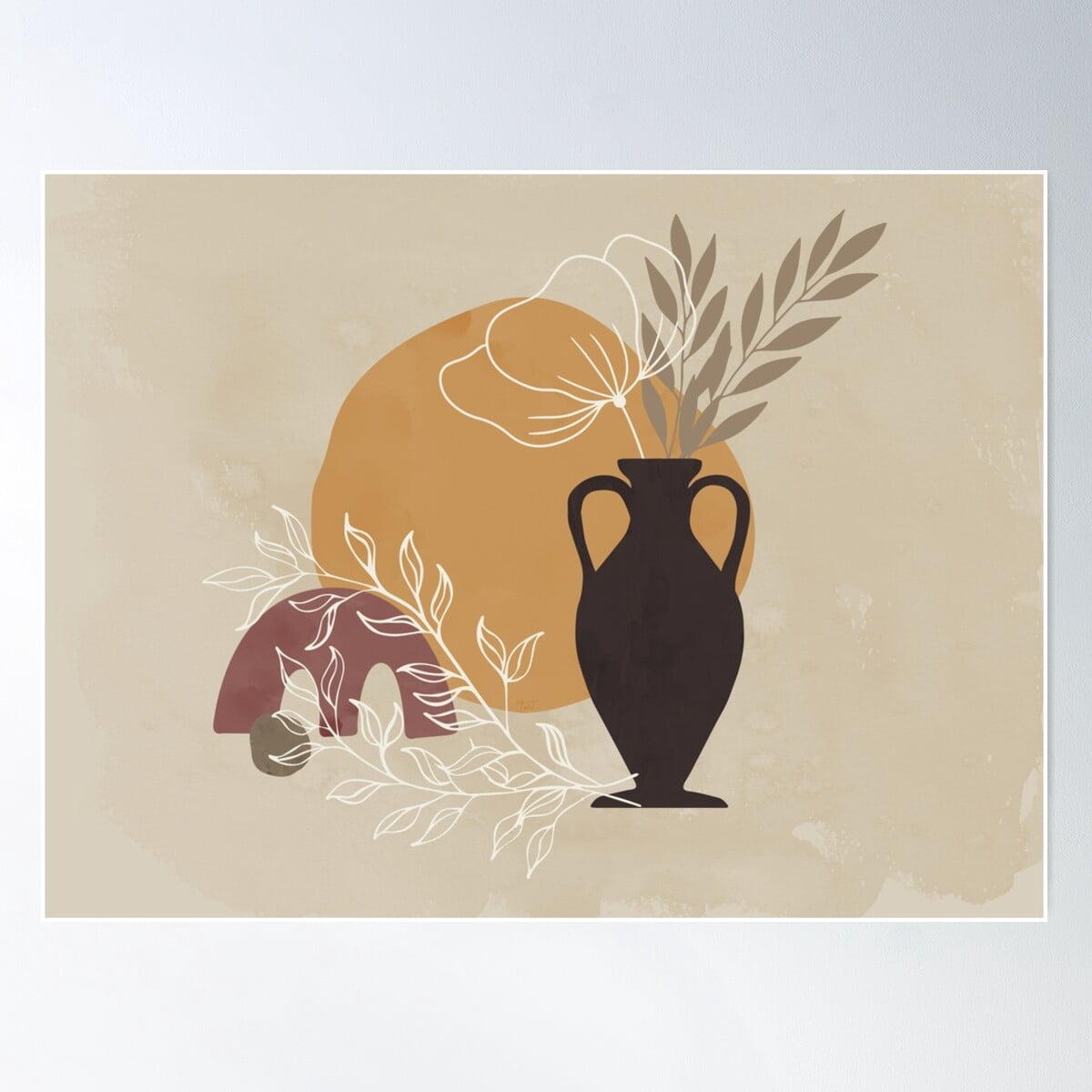 Amphora With A Flower And Leaves Poster Wall Art, Modern Wall Decor For ...