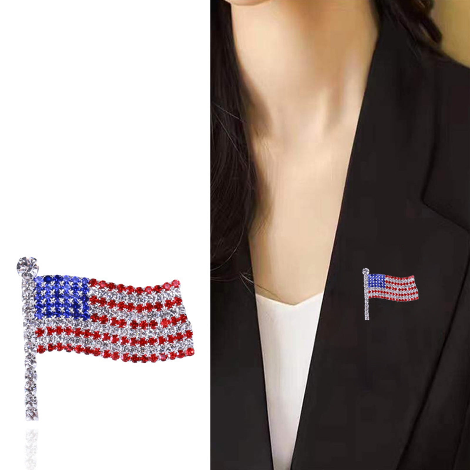 Ampiyan USA Flag Brooch Pin - Silver Alloy Enamel Crystal Corsage ...