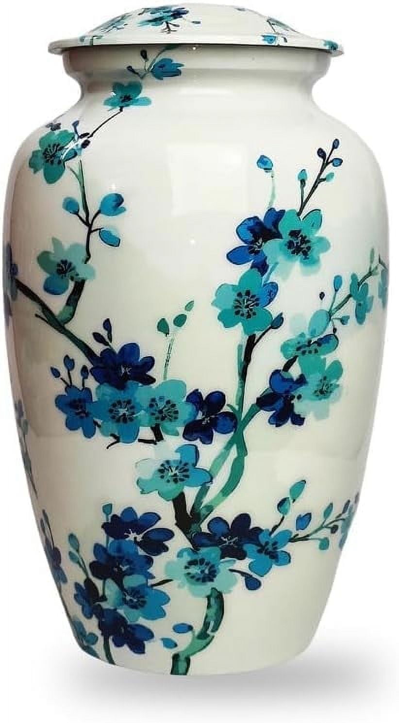 Ample Cremation Urn-Timeless White Urn with Blue Floral Finish-Urn for ...