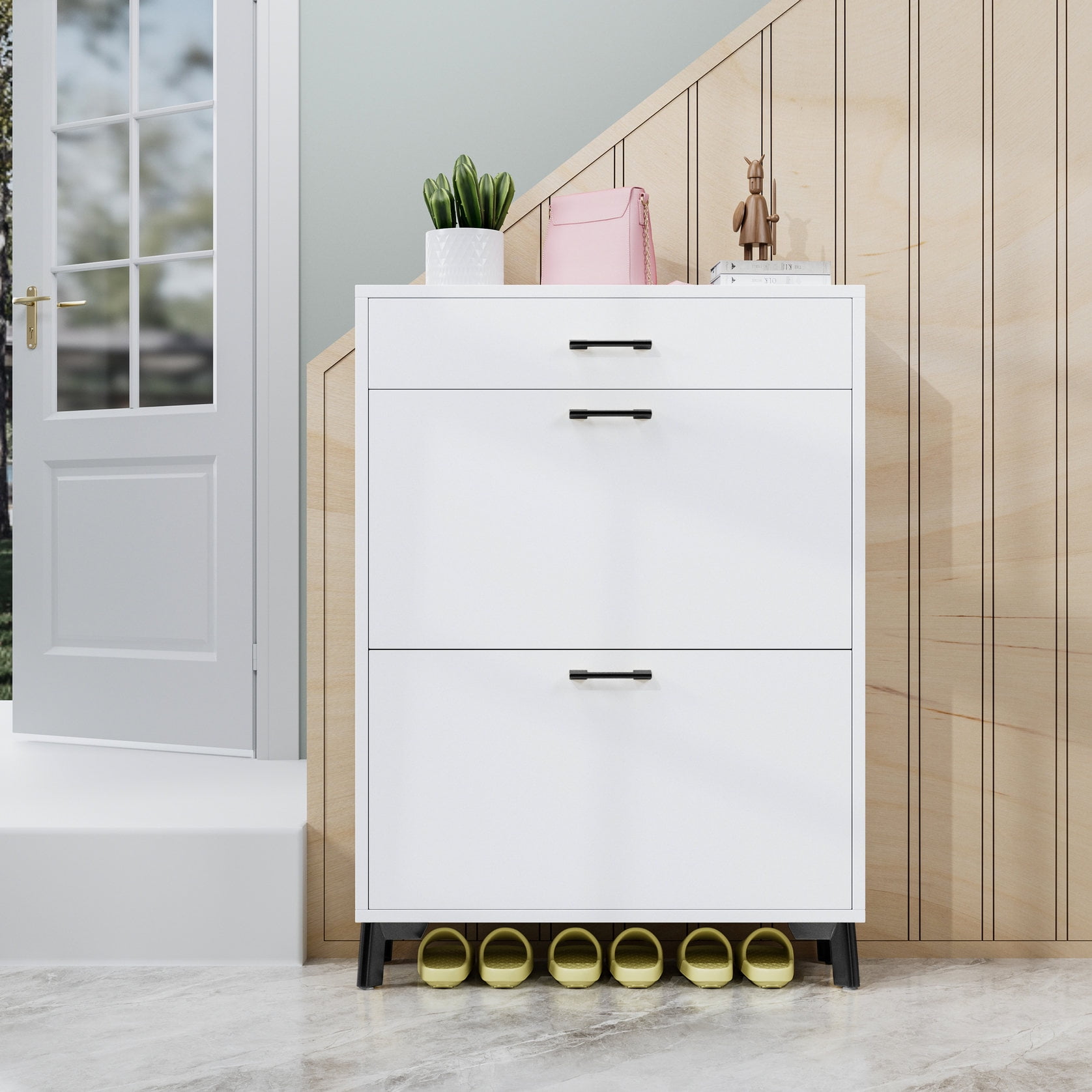 Ample Shoe Storage | Two-Level Flip Drawers & Metal Leg Racks | Store ...