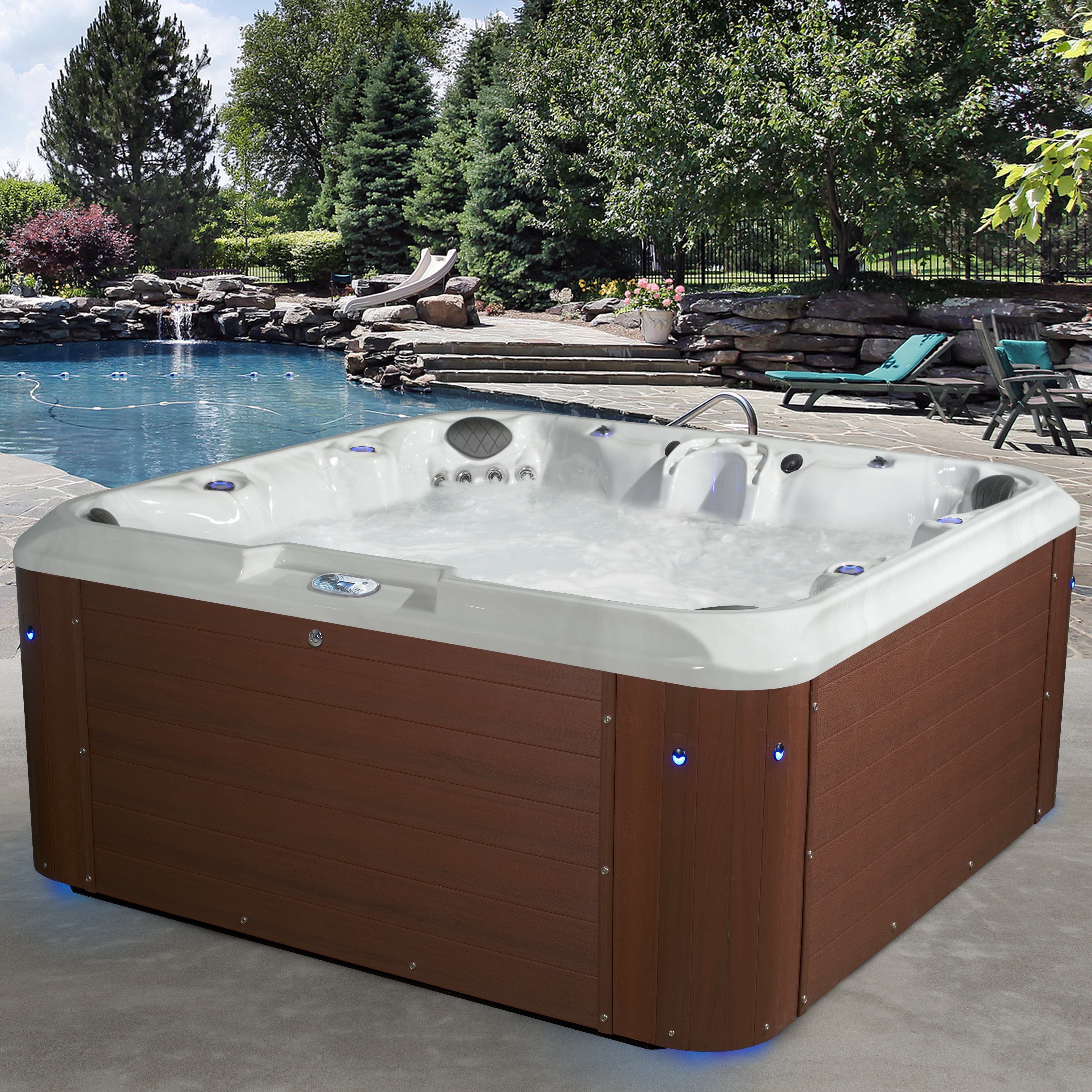 Amplified 100-Jets 7-Person Non-Lounger Spa w/Bluetooth Stereo, 3 Pumps ...