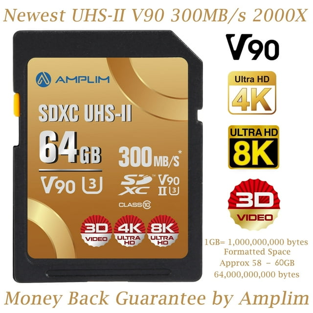 Amplim 64GB SDXC SD Card, UHS-II V90 300MB/s (2000X) UHSII U3 Extreme High Speed 64 GB SD XC ...