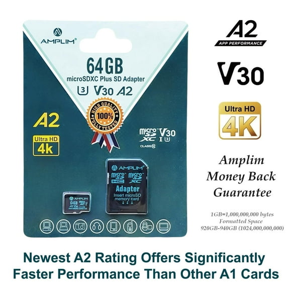 Amplim Micro SD Card 64GB | MicroSD Memory Plus Adapter | A2 MicroSDXC U3 Class 10 V30 UHS-I for ...