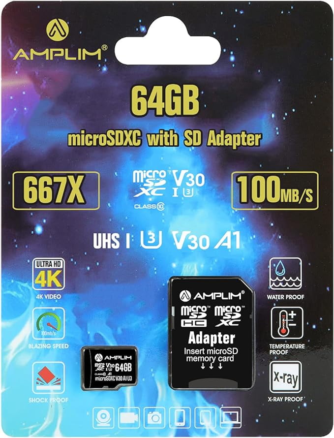 Amplim Micro SD Card 64GB, MicroSD Memory Plus Adapter, MicroSDXC SDXC U3 Class 10 V30 UHS-I TF ...