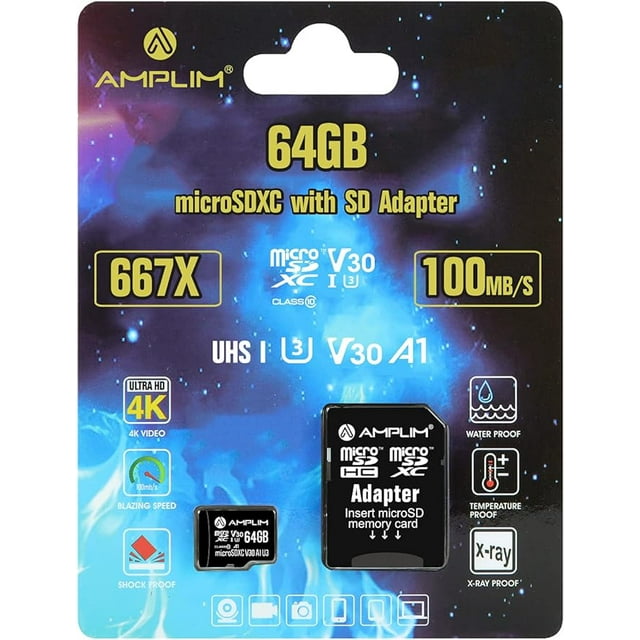 Amplim Micro SD Card 64GB, MicroSD Memory Plus Adapter, MicroSDXC SDXC U3 Class 10 V30 UHS-I TF ...