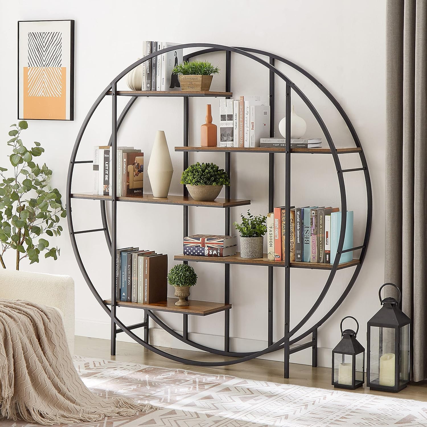 Amposei Industrial Metal Bookshelves and Bookcase 5-Tier Round Open ...