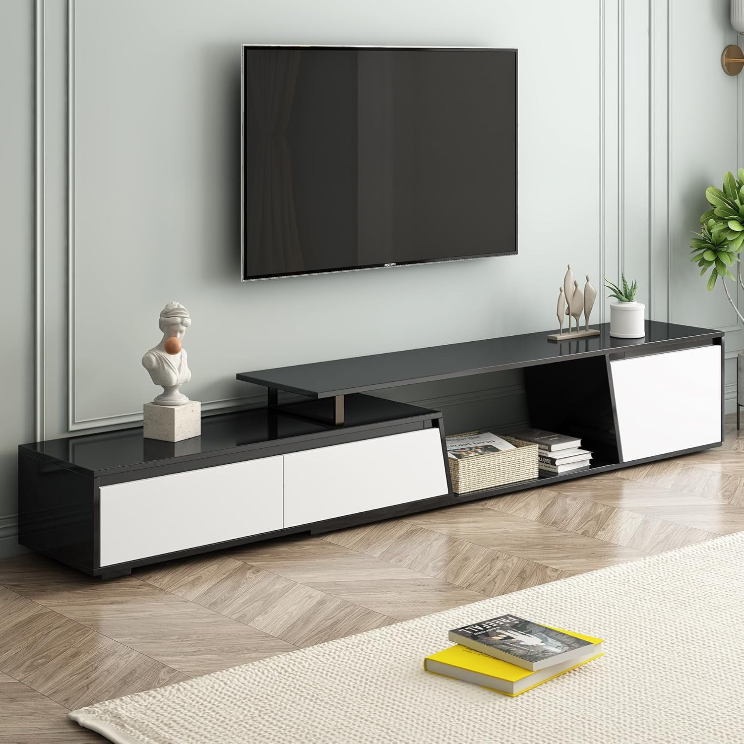 Amposei Modern Retractable TV Stand, 70.7-107'' Extendable Wood Media ...