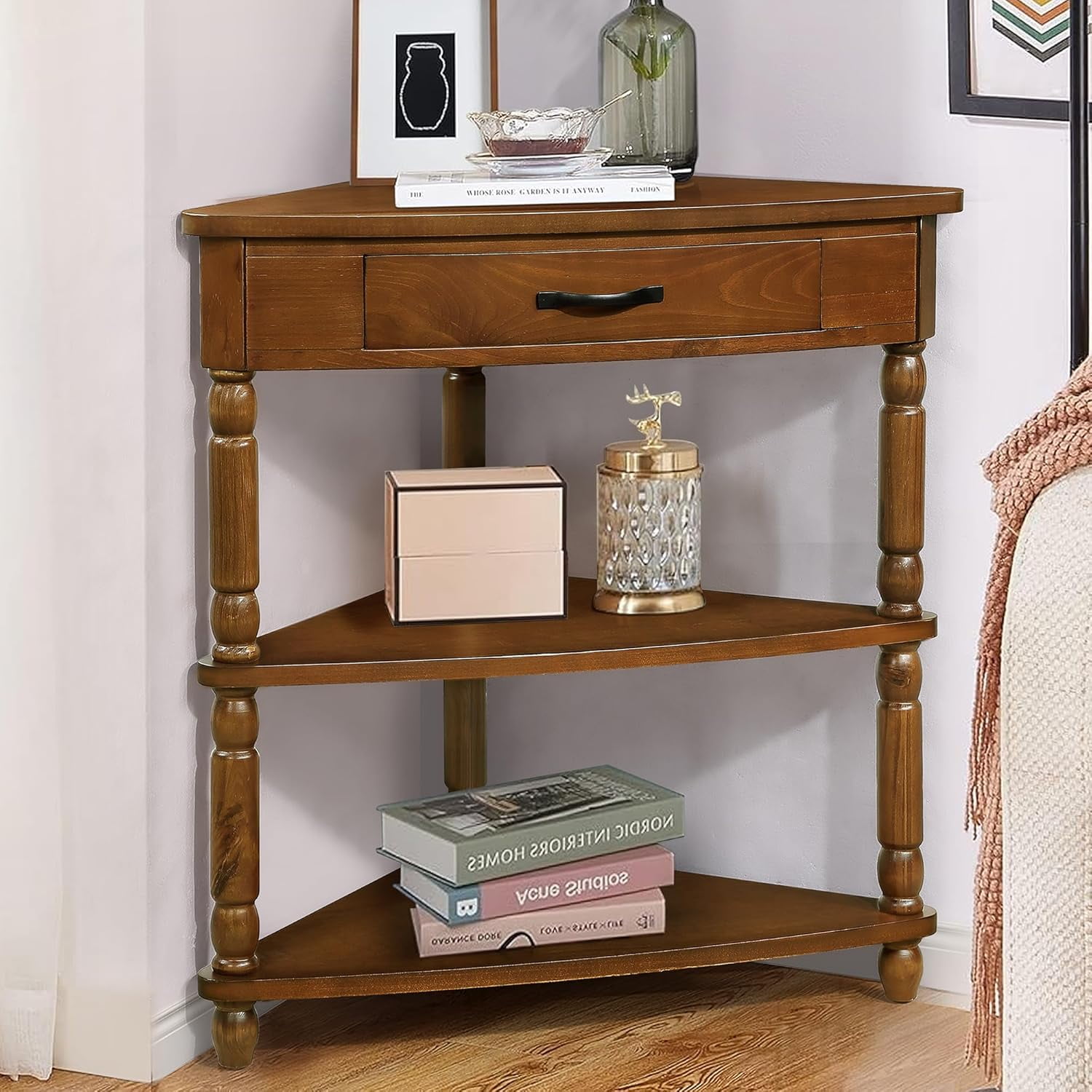 Amposei Small Corner Table for Small Spaces, 33.8-Inch Wood Triangle ...