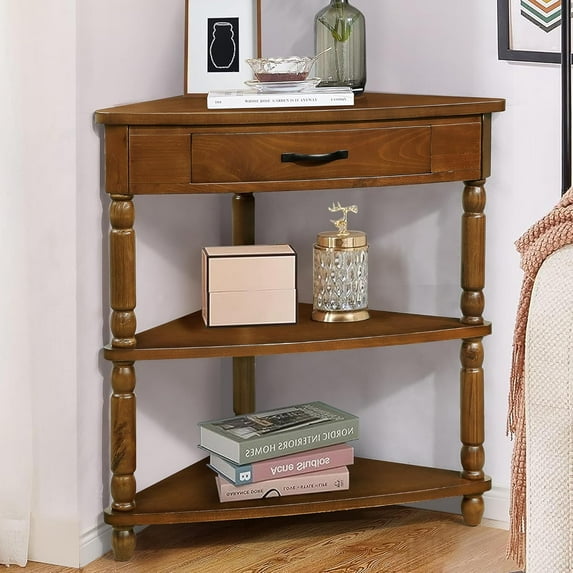 Amposei Small Corner Table for Small Spaces, 33.8-Inch Wood Triangle Side Table with Drawer & 2 ...