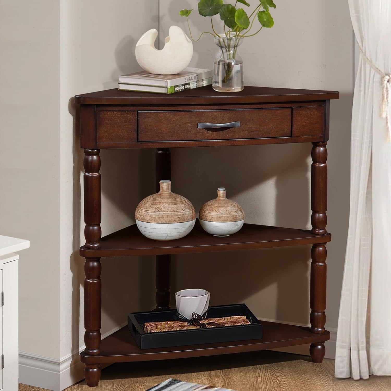 Amposei Small Corner Table for Small Spaces, 33.8-Inch Wood Triangle ...