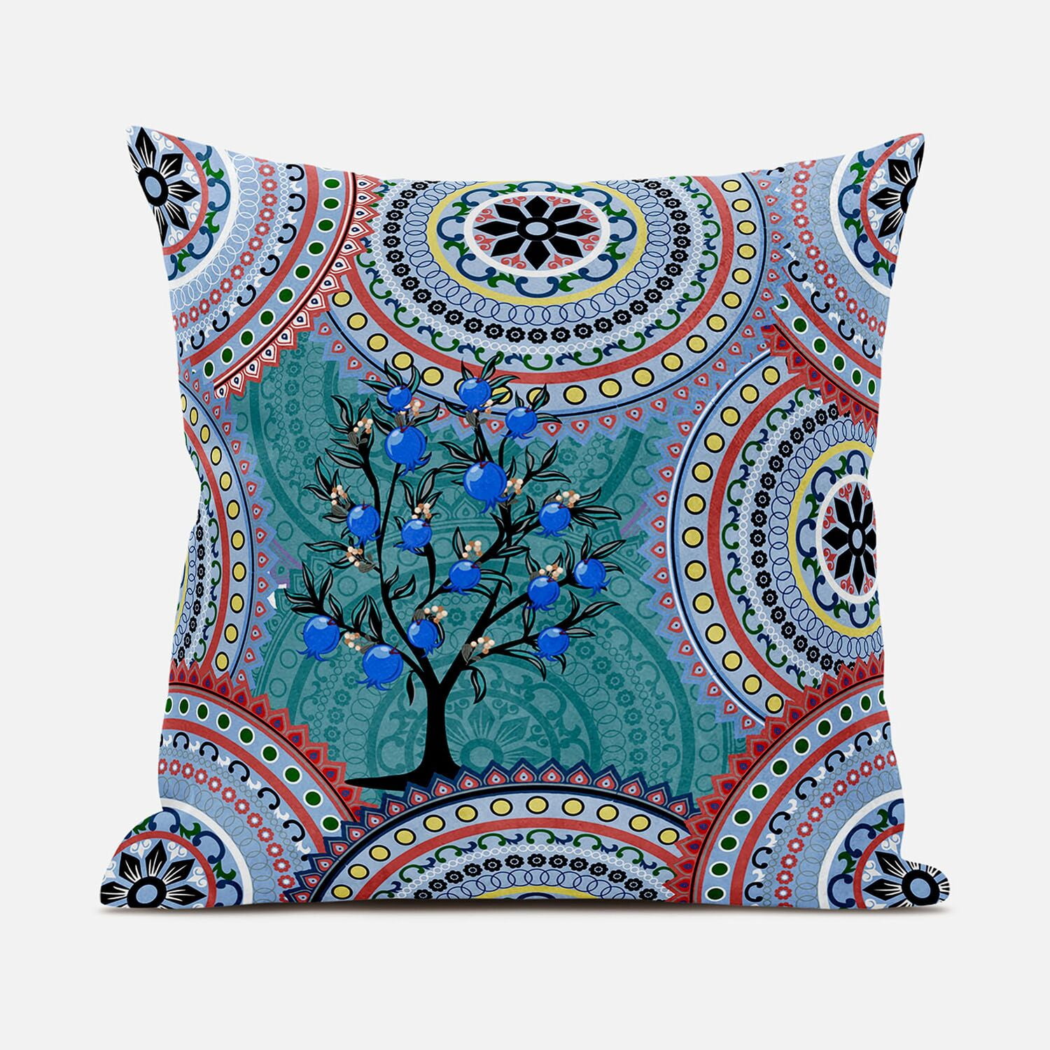 Amrita Sen Boho Mandala Plant Throw Pillow in Blue Red Yellow 20x20 ...