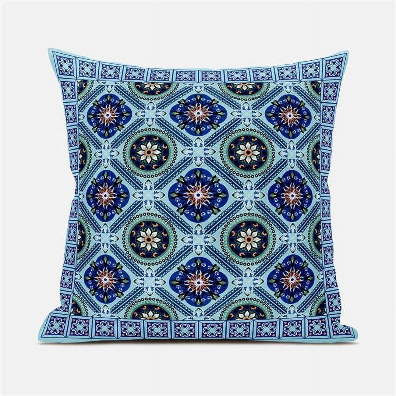 Mandala Floral Tiles Indoor/Outdoor Pillow with Removable Cover in Blue ...
